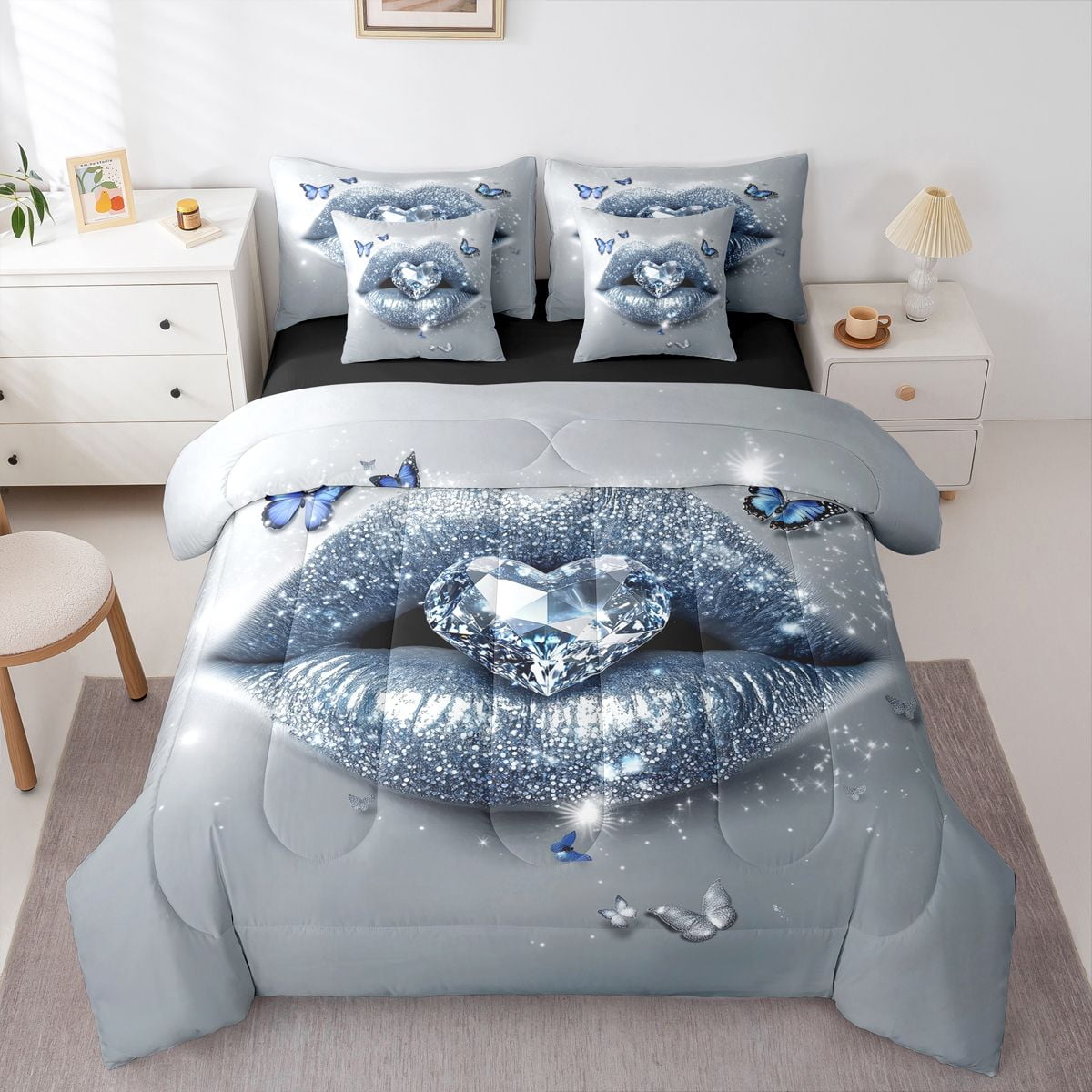 Feelyou Diamond Love Heart Bedding Comforter Set 7pcs, Fashion Lips ...