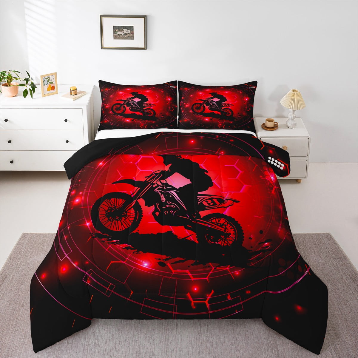 Feelyou Dirt Bike Sport Bedding Comforter Set for Kids, Neon Red ...
