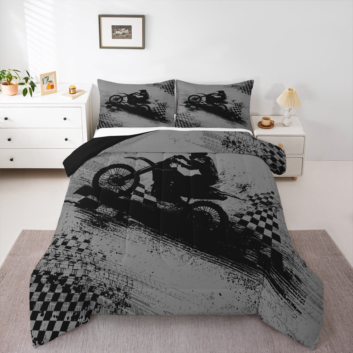 Feelyou Dirt Bike Sport Queen Comforter Set for Kids, Grey Graffiti ...