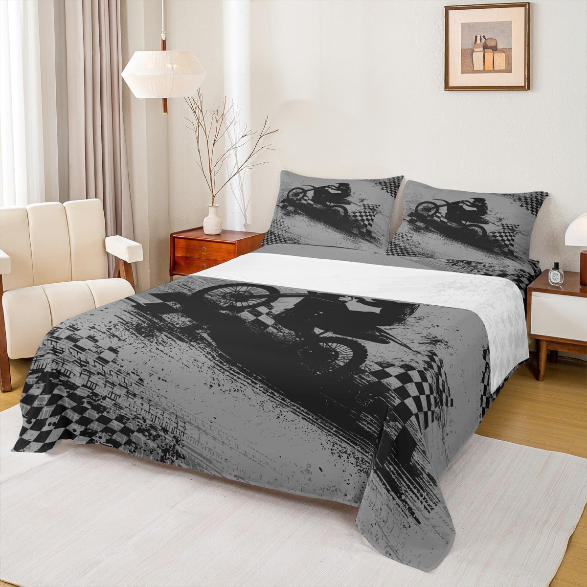 Feelyou Dirt Bike Sport Queen Sheet Sets for Kids, Grey Graffiti Check ...