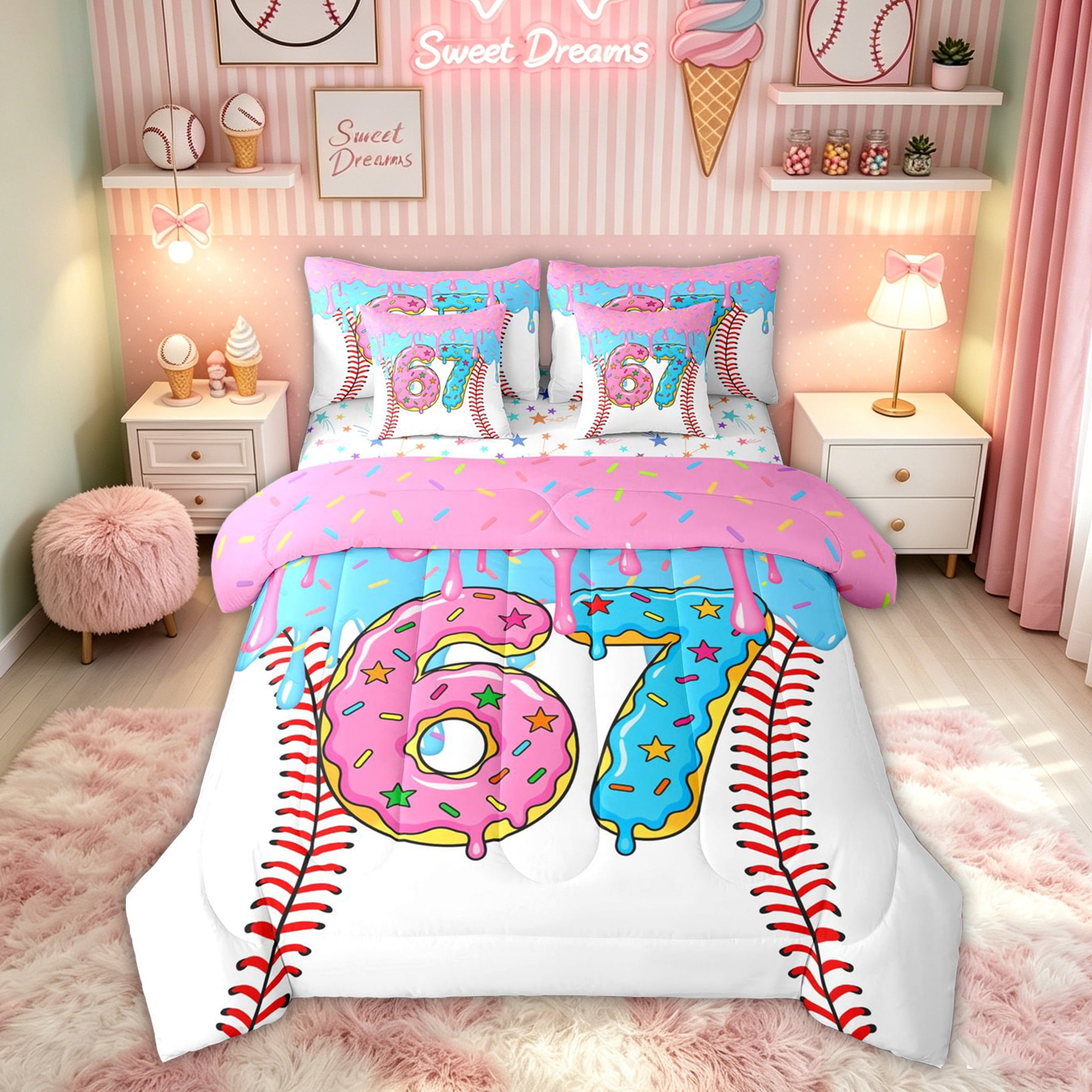 Feelyou Donut 67 Number Baseball King Bedding for Girls, Sprinkle Ice ...