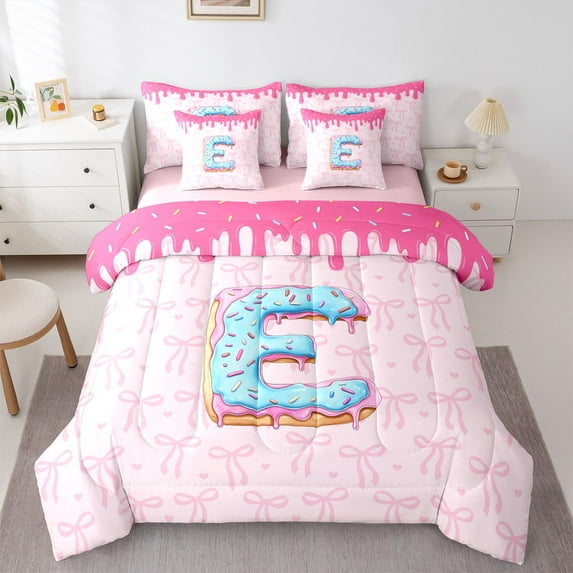Feelyou Donut Initial E Comforter Set 7pcs, Princess Pink Bowknot Queen ...