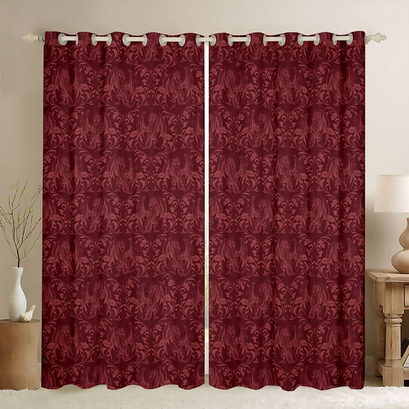 Feelyou Dragon Curtains Pack of 2 (52x84 Each), Maroon Damask Floral ...