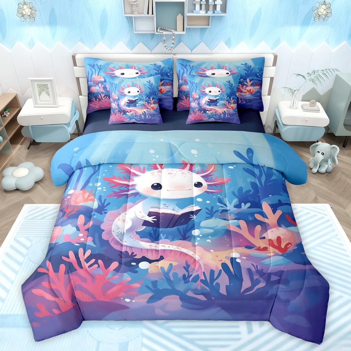Feelyou Dreamy Axolotl Kids Bedding Comforter Set 7pcs, Kawaii Ocean ...