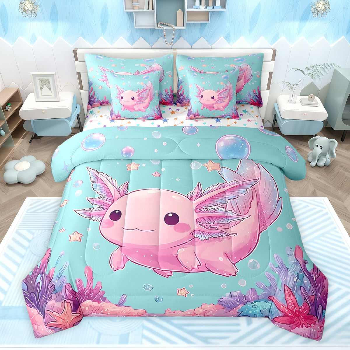 Feelyou Dreamy Axolotl Teens Bedding Comforter Set 7pcs, Cartoon Stars ...