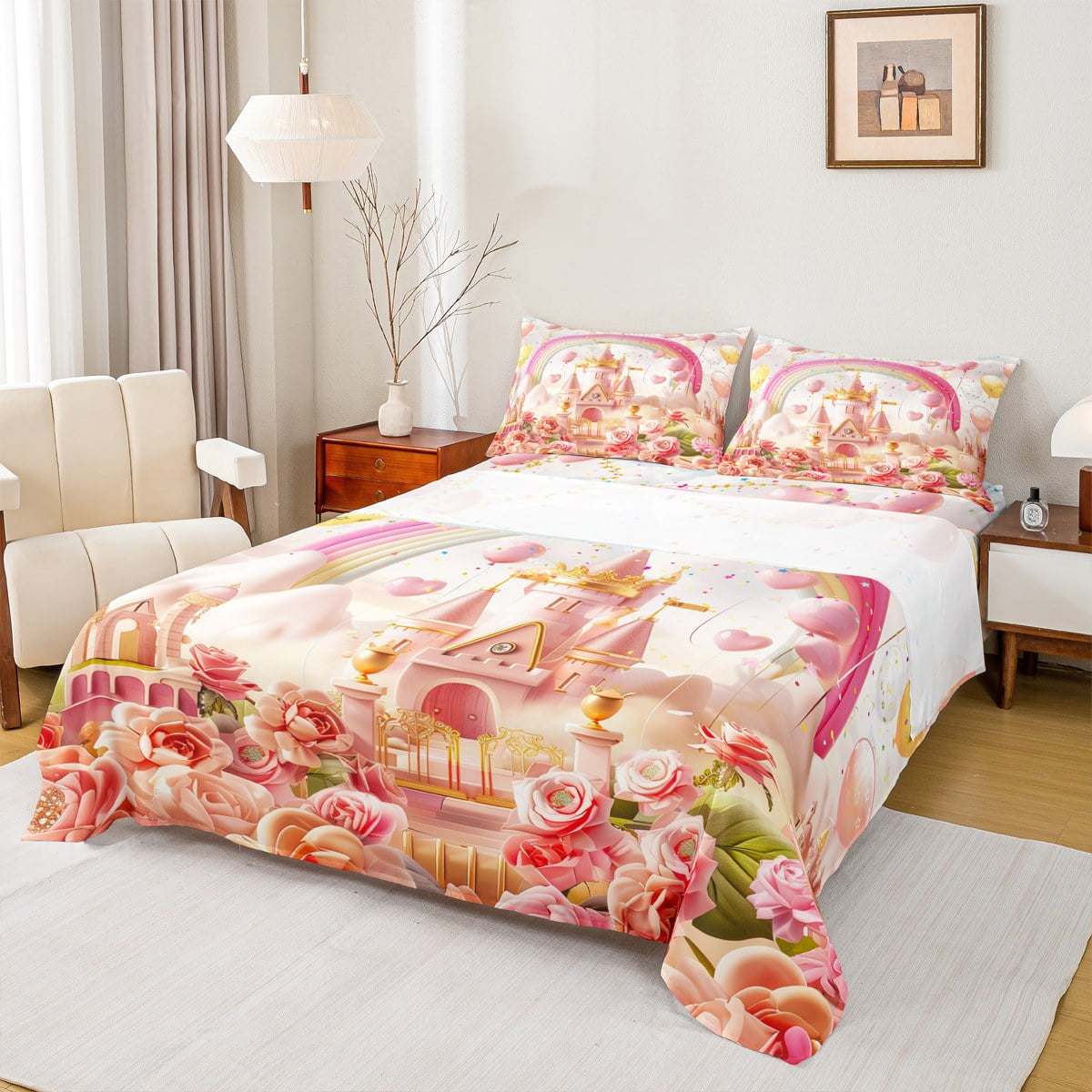 Feelyou Dreamy Castle Girl Full Size Sheets, Cute Rainbow Floral Bed ...