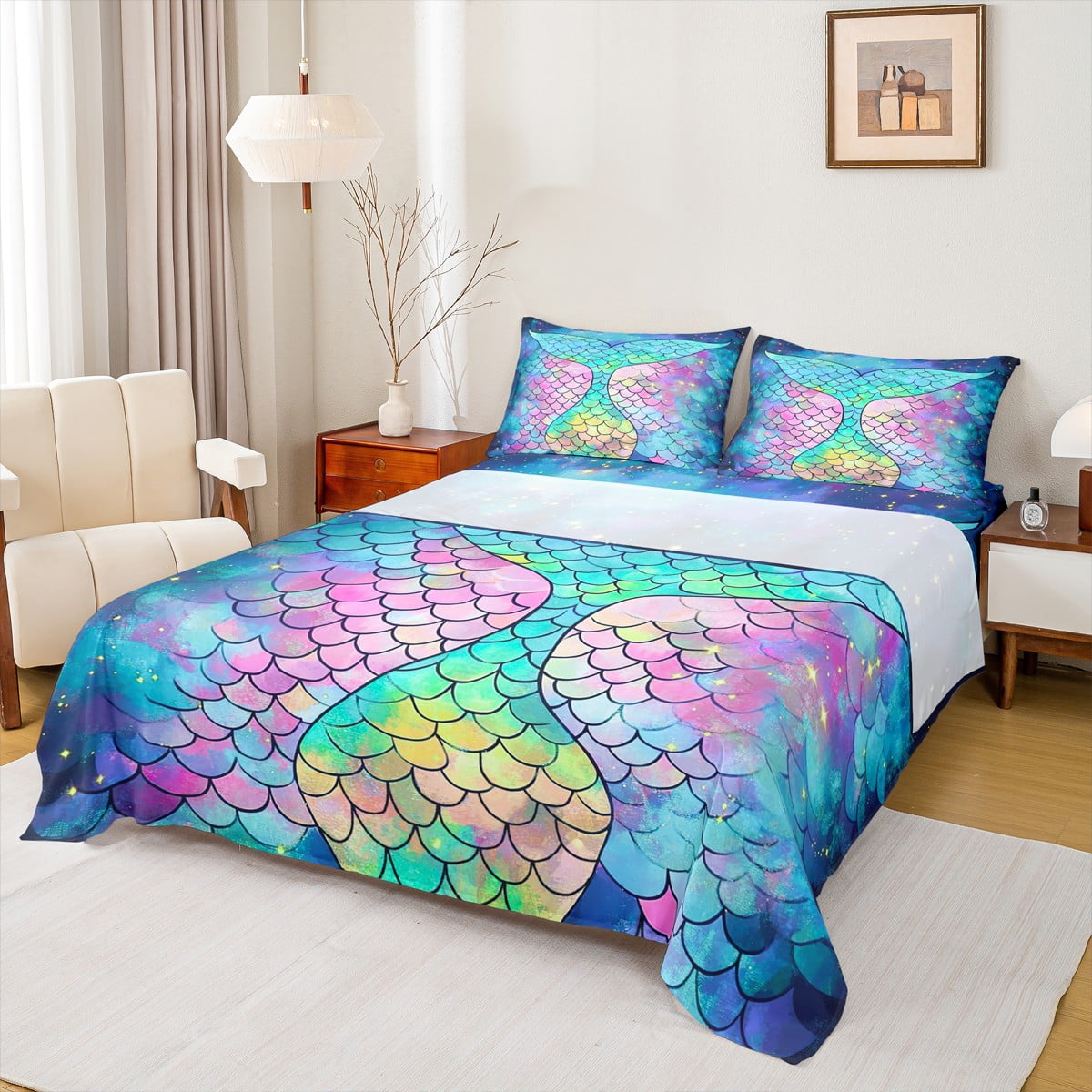 Feelyou Dreamy Mermaid Tail Full Size Sheets for Girls, Watercolor Fish Scales Bed Sheets ...