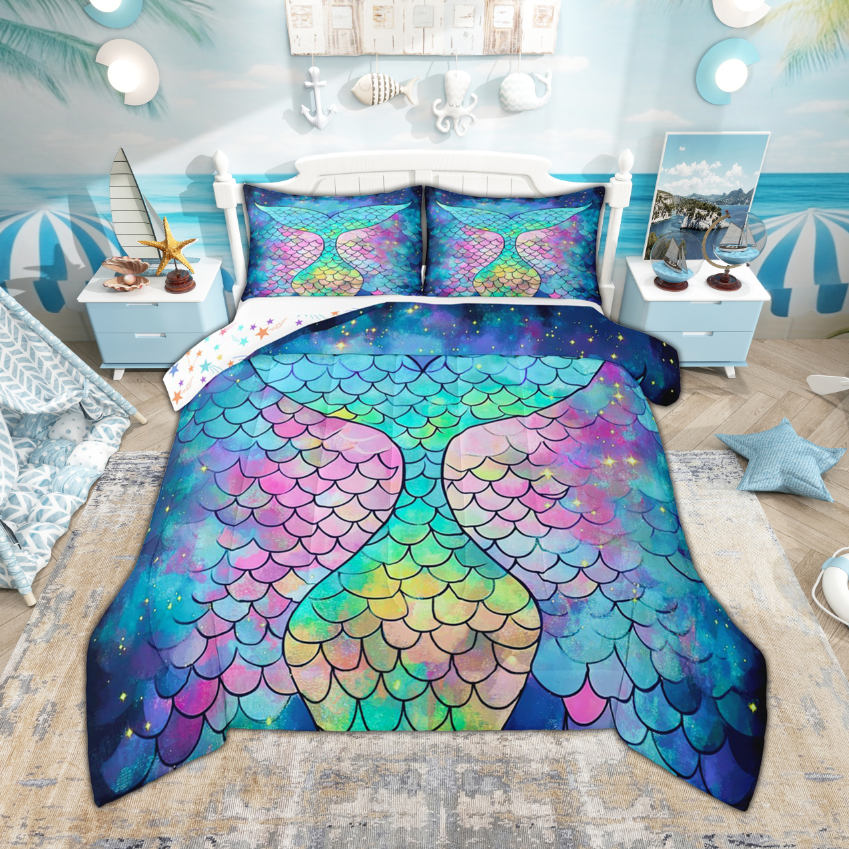 Feelyou Dreamy Mermaid Tail Queen Comforter Set for Girls, Watercolor ...