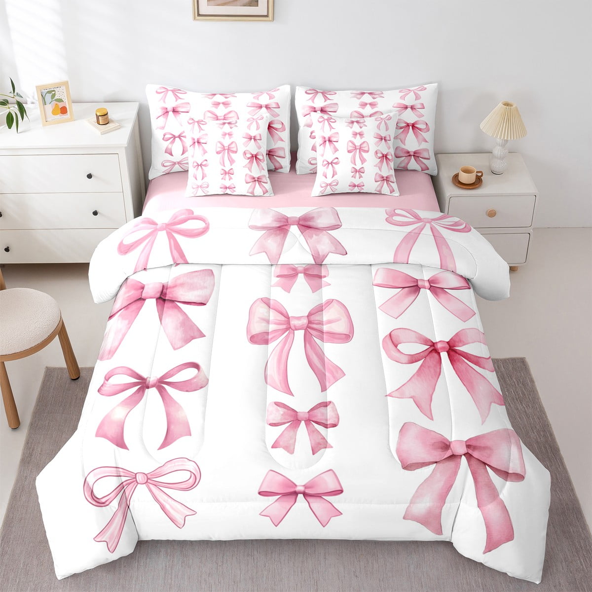 Feelyou Dreamy Pink Bow Bedding Comforter Set 7 Pieces for Girls ...
