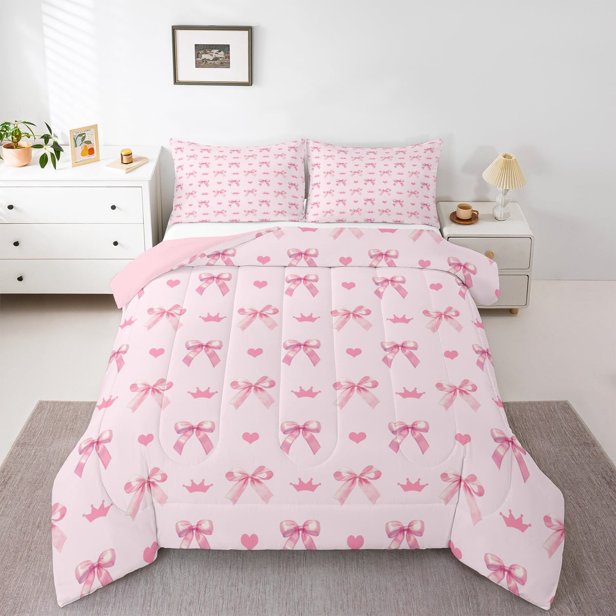 Feelyou Dreamy Pink Bowknot Full Size Comforter Sets for Girls, Kawaii ...