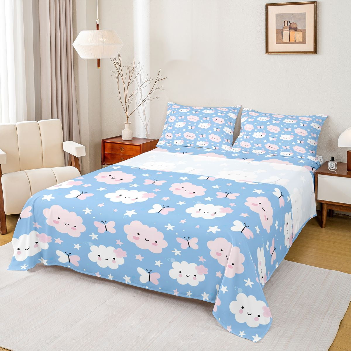 Feelyou Dreamy Stars Cloud Queen Sheet Sets for Child, Kawaii Butterfly ...