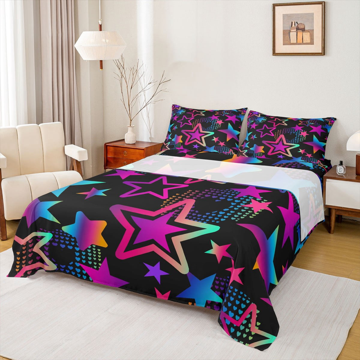 Feelyou Dreamy Stars Graffiti Bed Sheets for Kids, Black Pink Cartoon ...