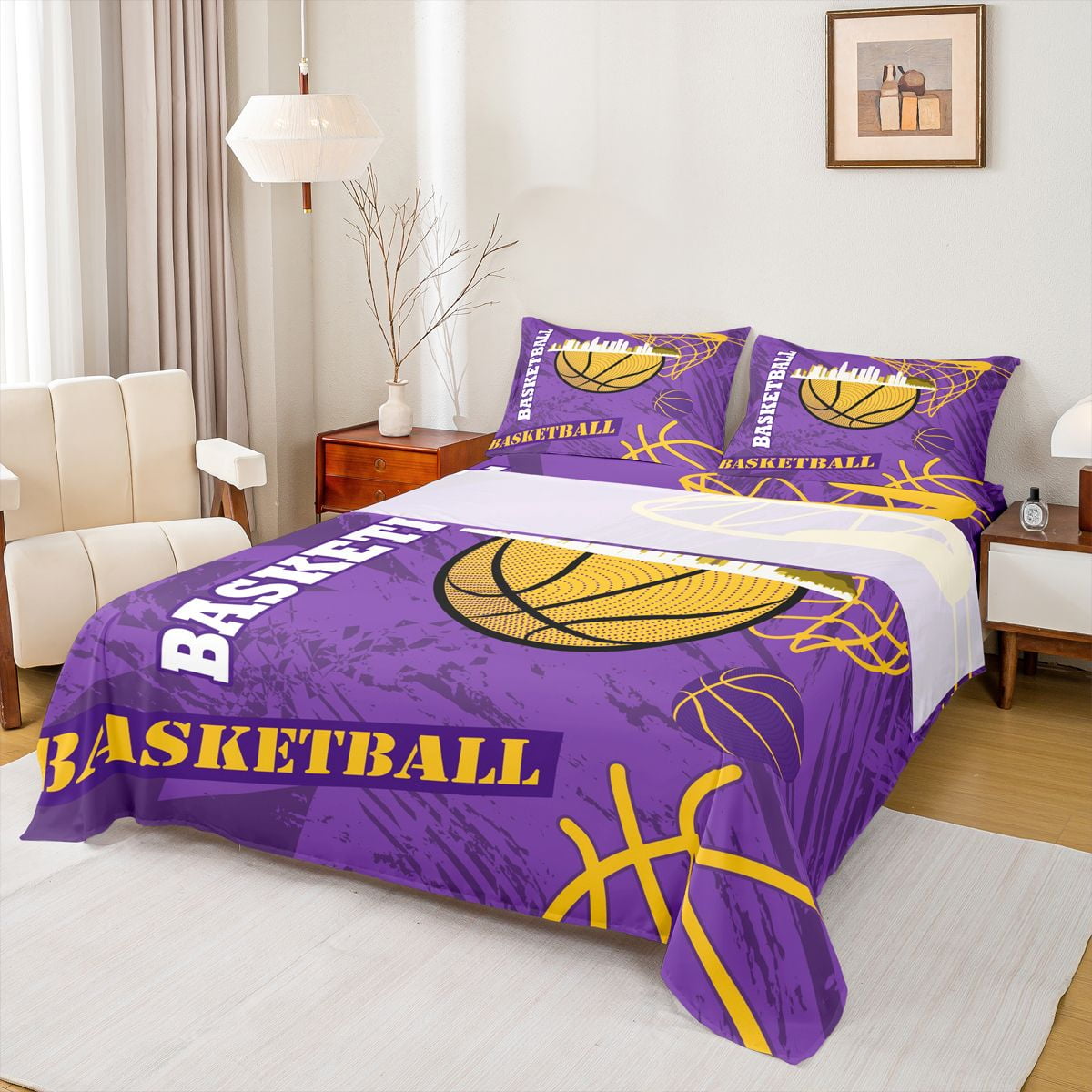 Feelyou Eat Basketball Sleep Twin Sheet Sets for Boys, Purple Gold ...