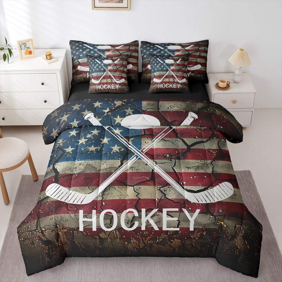 Feelyou Eat Hockey Sleep Twin Bedding Sets 7-Piece, Vintage US Flag ...