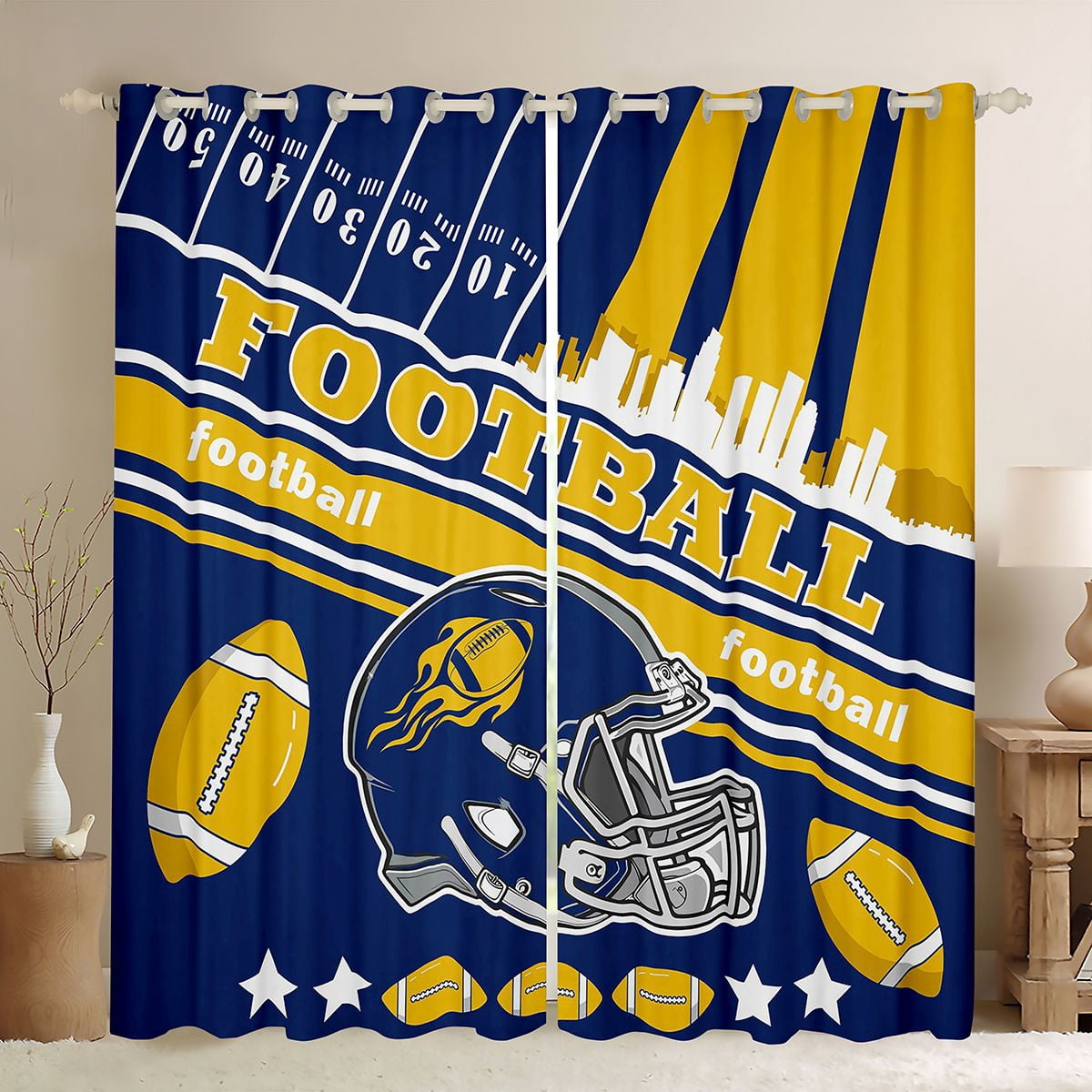 Feelyou Est Football Sleep Black Out Curtains, Navy Gold Athlete Helmet ...