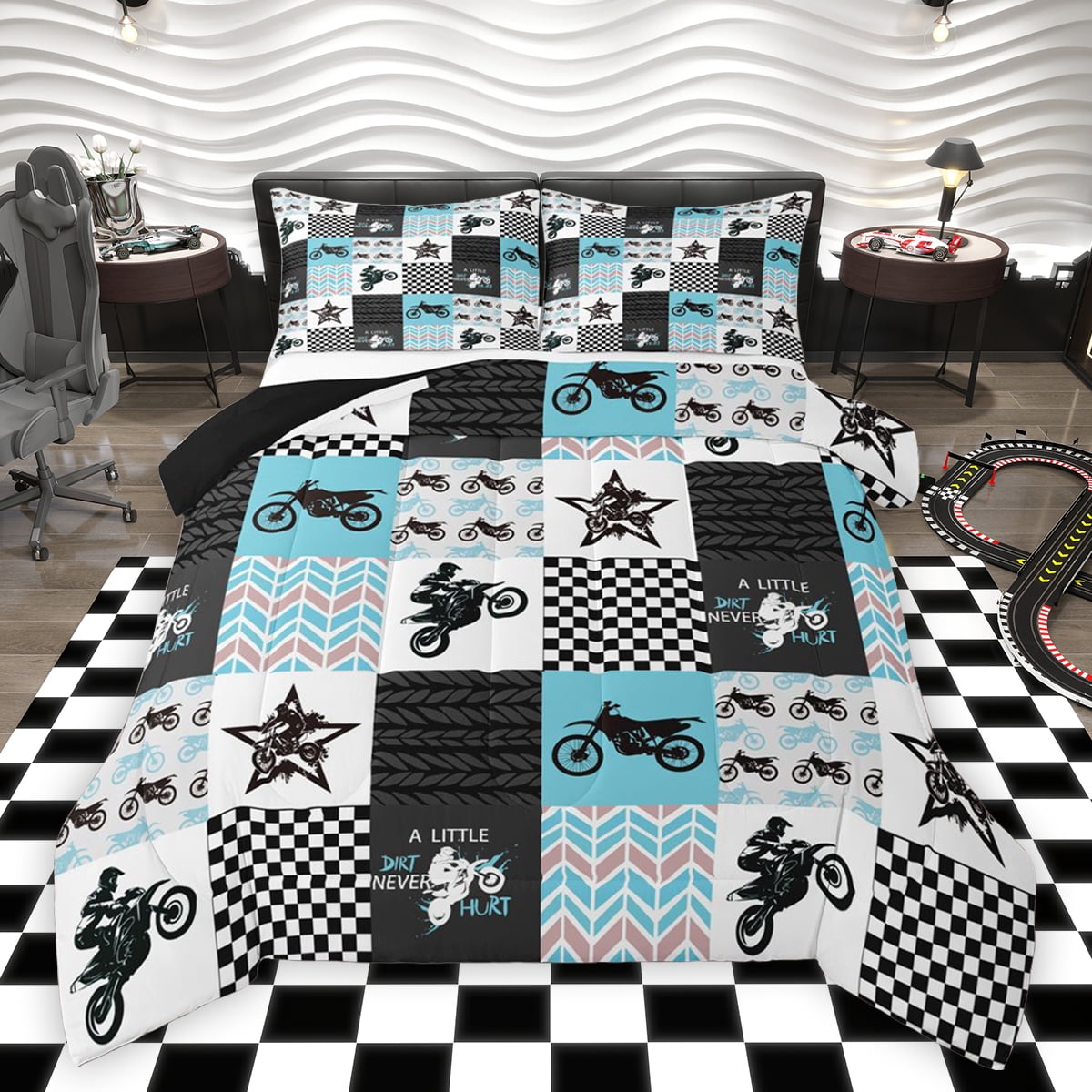 Feelyou Extreme Motorcycle Sport Queen Comforter Set, Stripes Checkered ...
