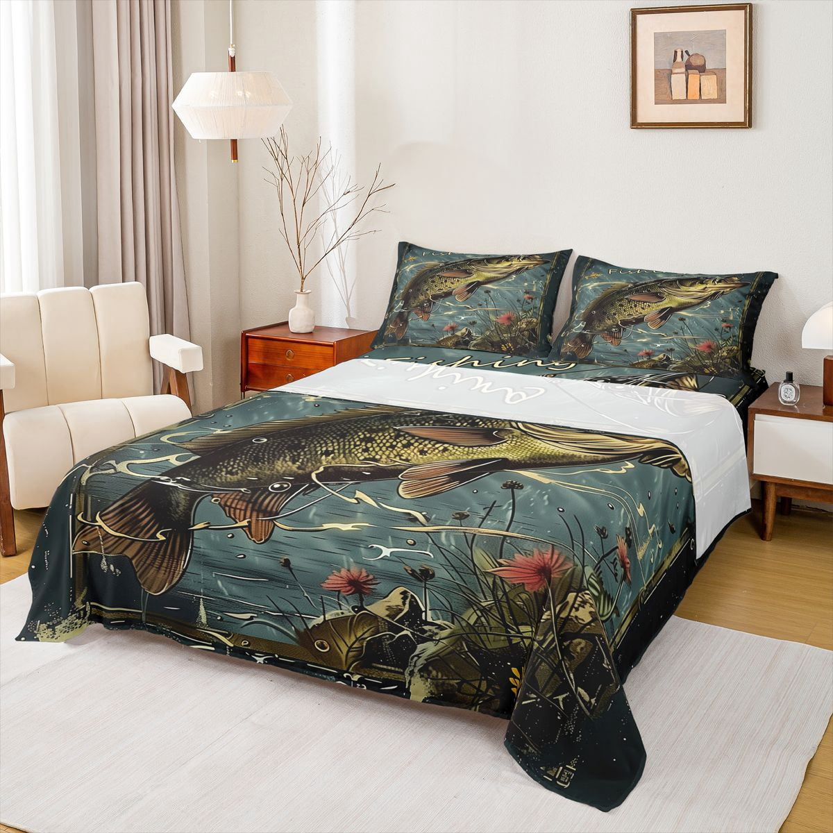 Feelyou Farmhouse Bass Fish Queen Sheet Sets, Rustic Fishing Animal ...