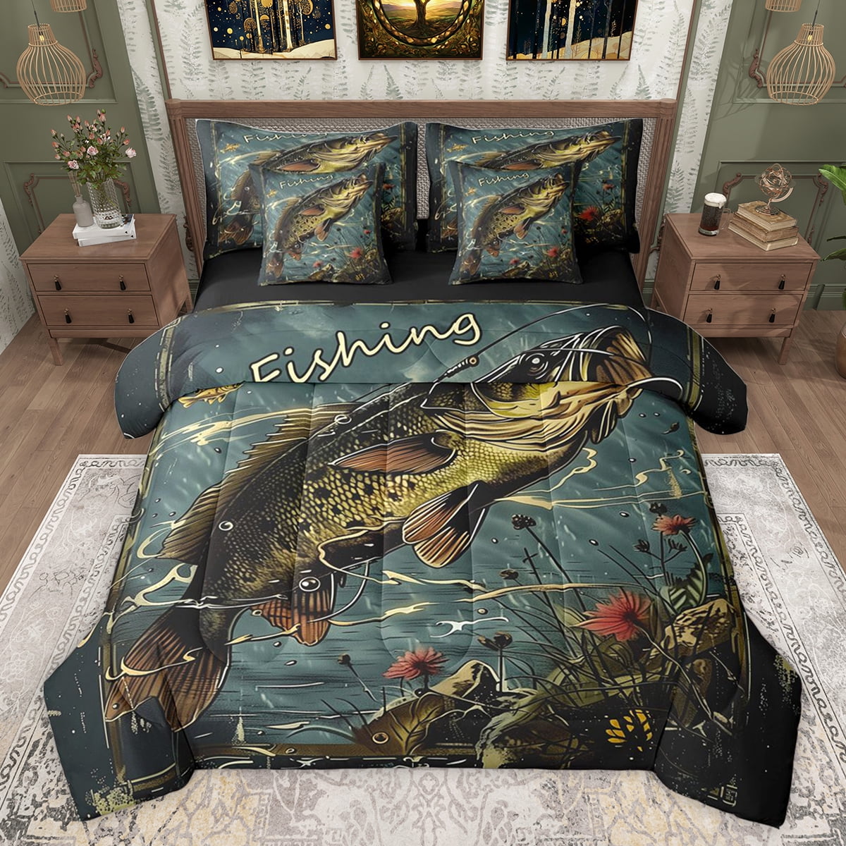 Feelyou Farmhouse Bass Fish Twin Bedding Sets 7-Piece, Rustic Fishing ...