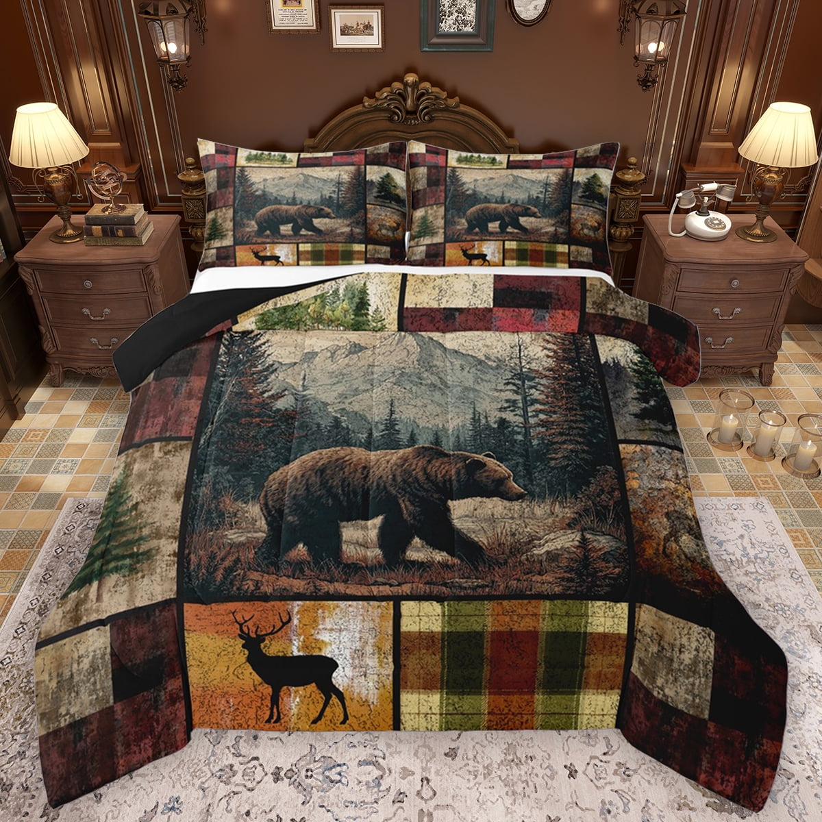 Feelyou Farmhouse Bear Men Bedding Comforter Set, Reindeer Moose Elk ...