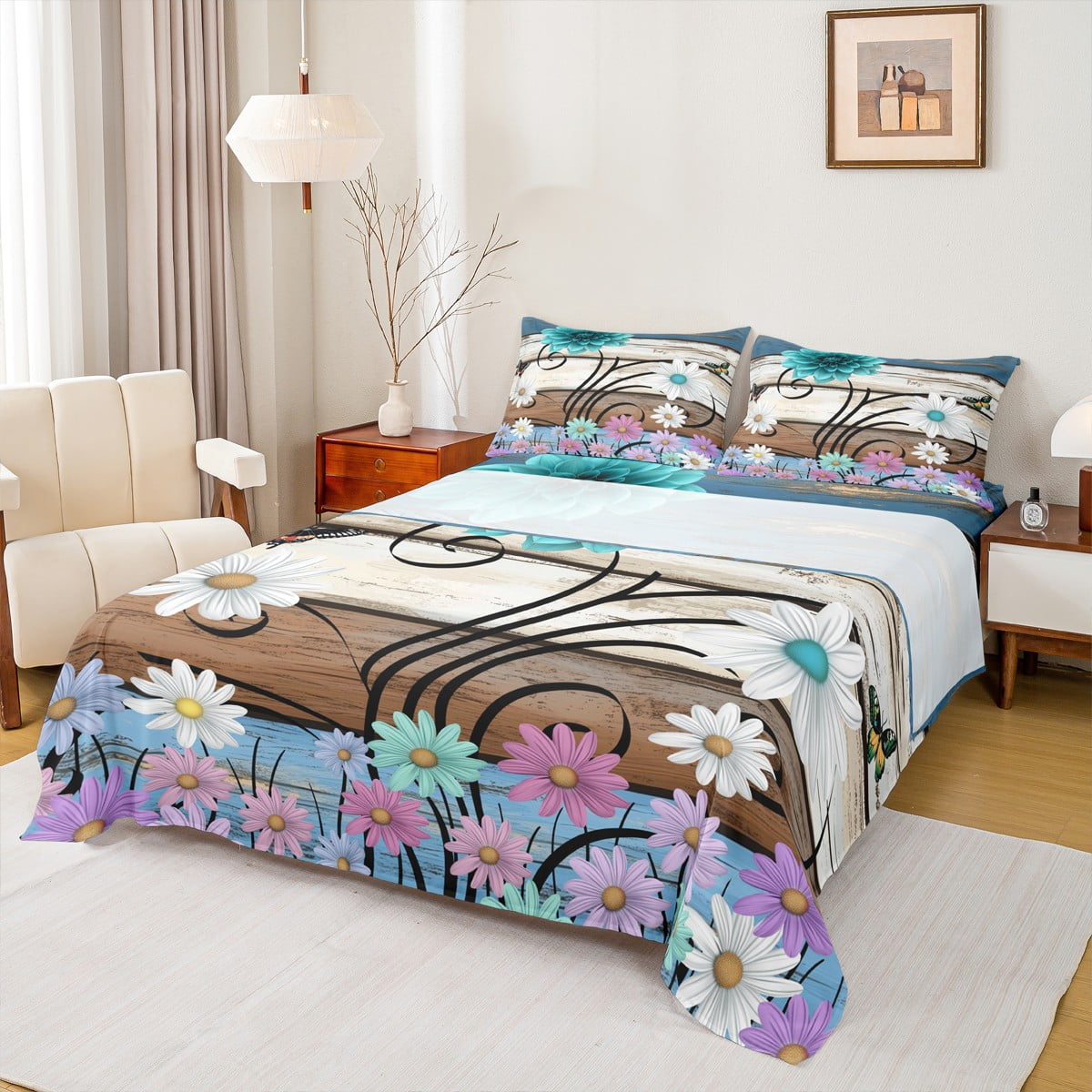 Feelyou Farmhouse Floral Female Bed Sheets, Rustic Daisy Groovy King ...