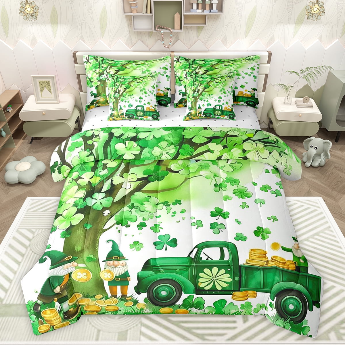 Feelyou Farmhouse Gnome Bedding Comforter Set 7pcs, Shamrock Truck Day ...