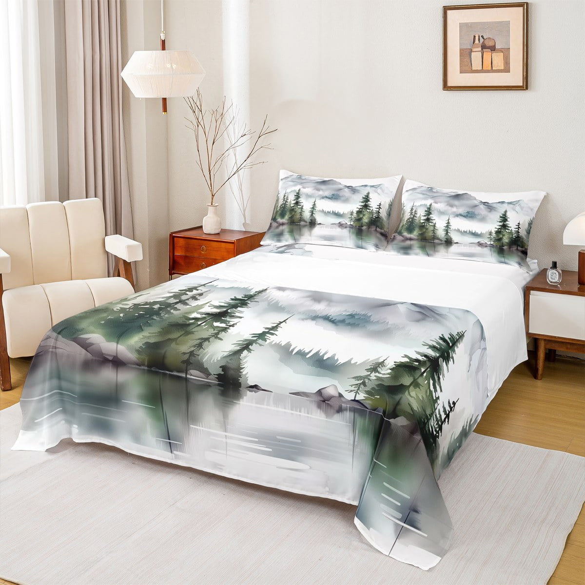 Feelyou Farmhouse Pine Tree Full Size Sheets, Rustic Nature Lake Bed ...