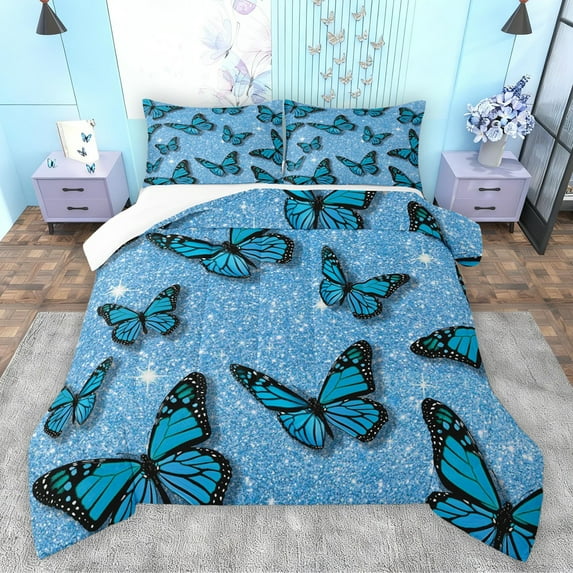 Feelyou Fashion Blue Butterfly Queen Comforter Set, Glitter Sequin ...