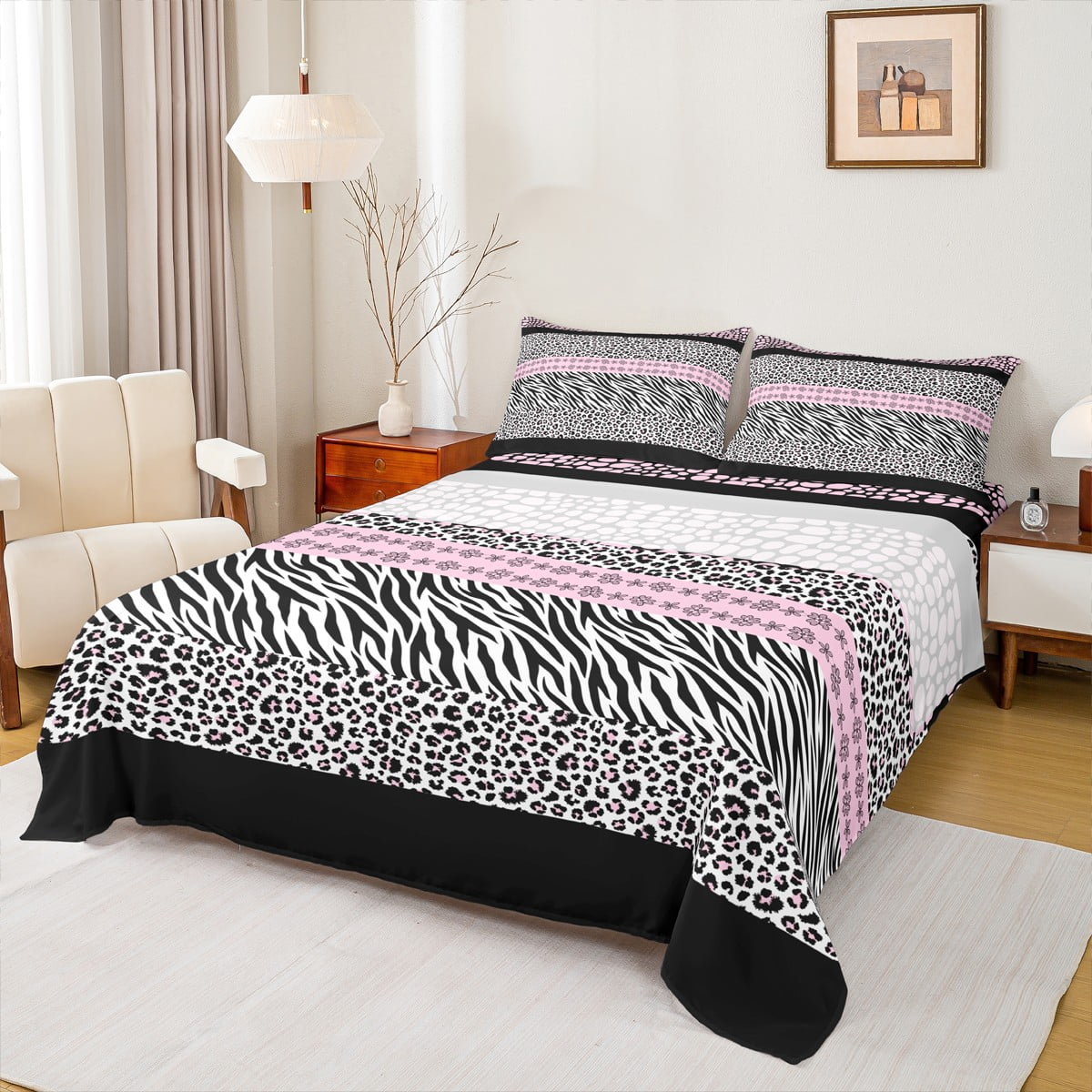 Feelyou Fashion Cheetah Print Queen Sheet Sets, Black Pink Geometric ...