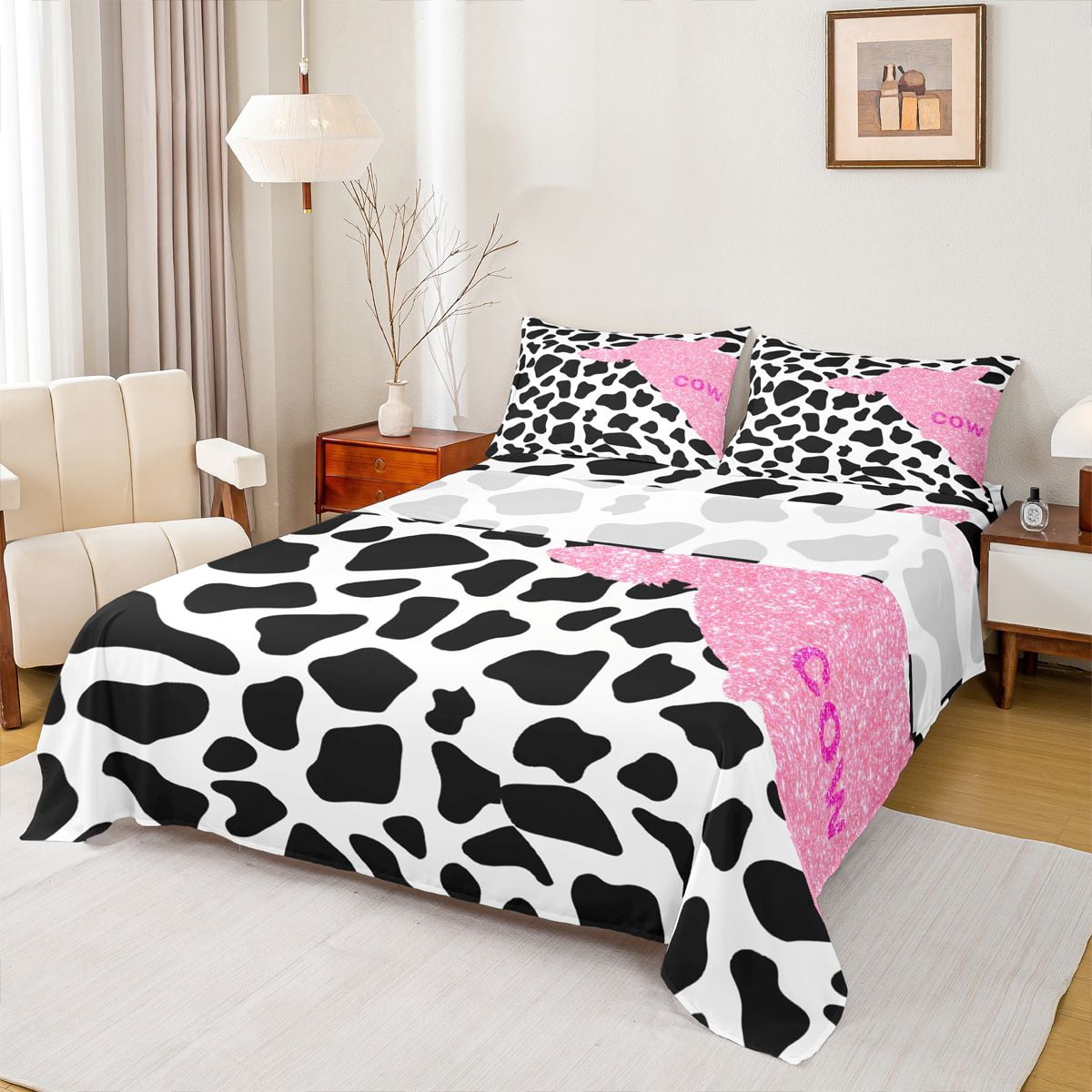 Feelyou Fashion Cow Print Full Size Sheets for Teens, Pink Glitter Cow ...