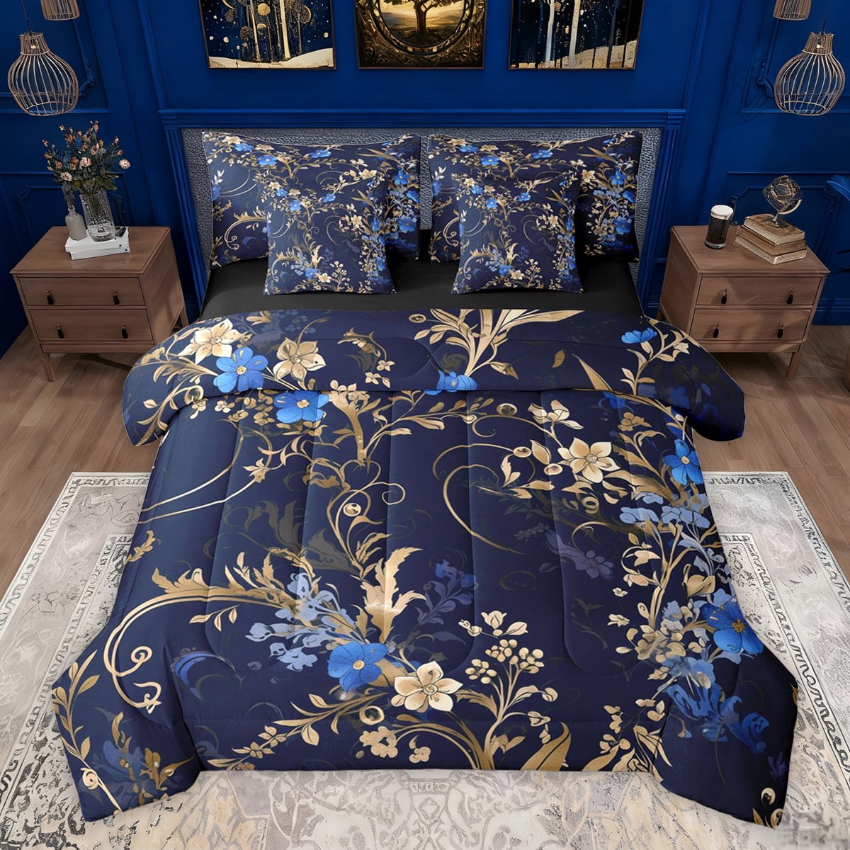 Feelyou Fashion Flower Floral Twin Bedding Sets 7-Piece, Vintage Blue ...