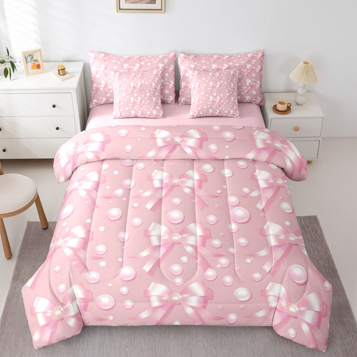 Feelyou Fashion Pink Bowknot Bedding Comforter Set 7pcs, Girly Cartoon ...