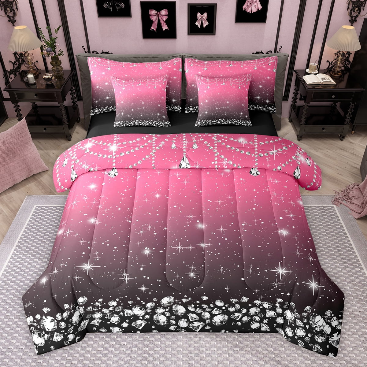 Feelyou Fashion Pink Diamond Bedding Comforter Set 7 Pieces, Bling ...