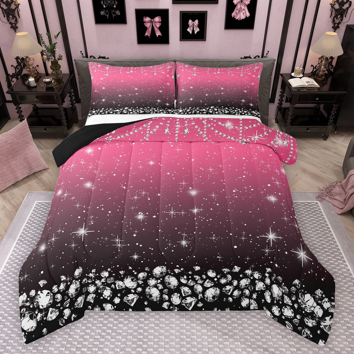 Feelyou Fashion Pink Diamond Bedding Comforter Set, Bling Stars Print ...