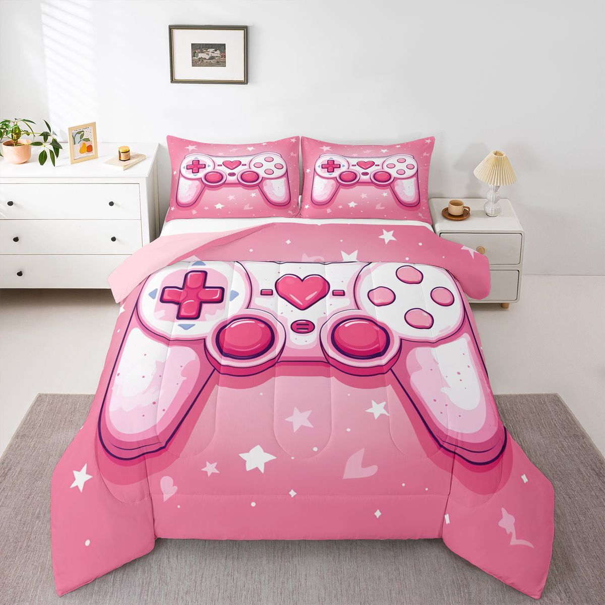 Feelyou Fashion Pink Gamepad Queen Comforter Set, Romantic Love Heart Bedding Sets, Cartoon ...