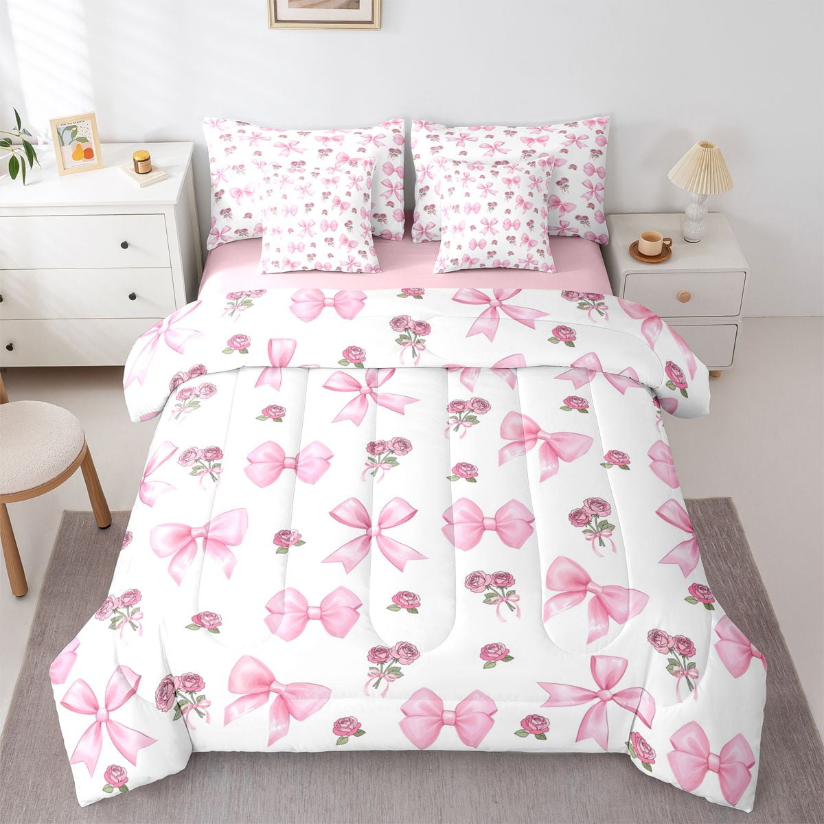 Feelyou Fashion Princess Bow Comforter Set 7pcs, Rustic Rose Flower ...