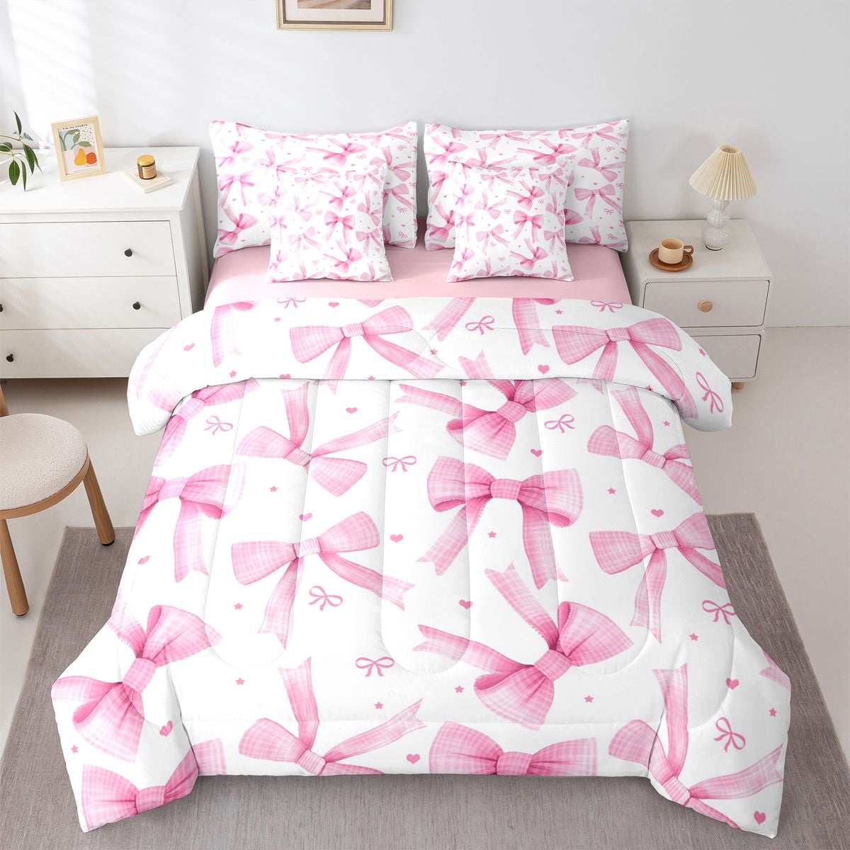 Feelyou Fashion Princess Bow Comforter Set 7pcs, Watercolor Bowknot ...