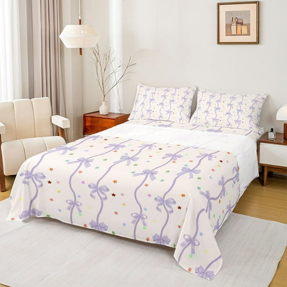 Feelyou Fashion Purple Bow Kids Queen Sheet Sets, Cartoon Ribbon Bed ...