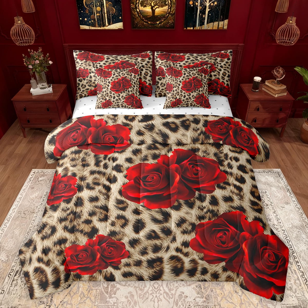 Feelyou Fashion Red Rose Bedding Comforter Set 7 Pieces for Women ...