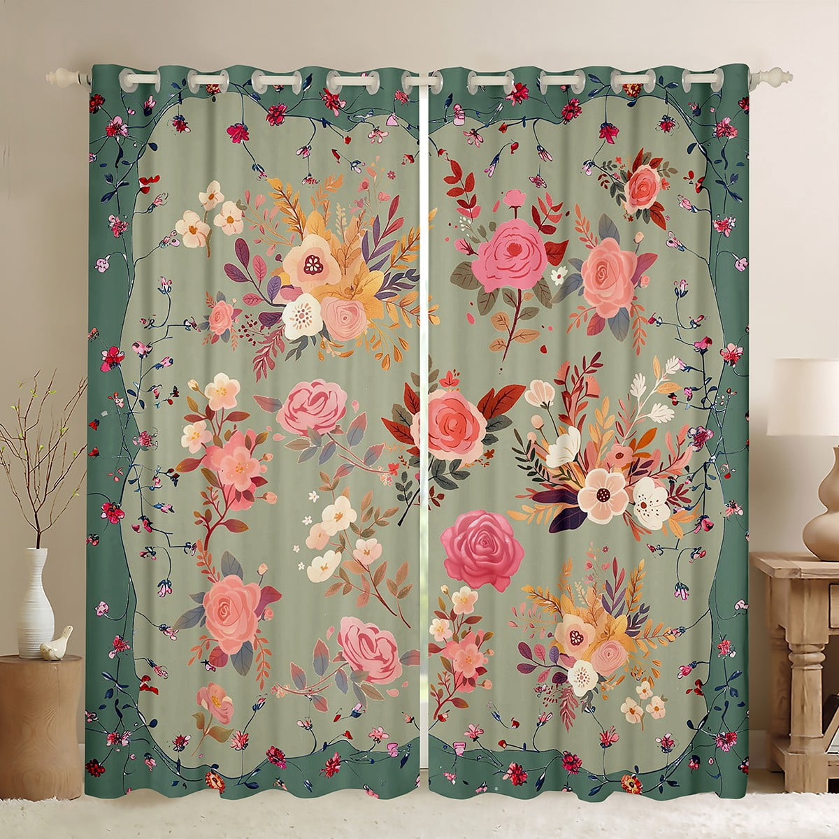 Feelyou Fashion Rose Floral Blackout Curtains Set of 2 (52x84 Each ...