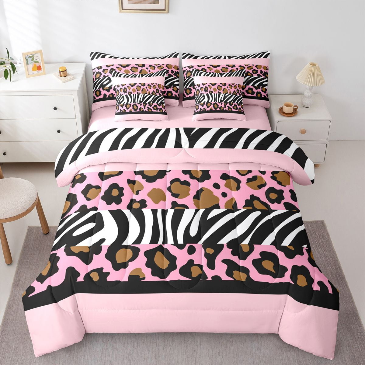Feelyou Fashion Zebra Cheetah Print Comforter Set 7pcs, Pink Polkadots ...