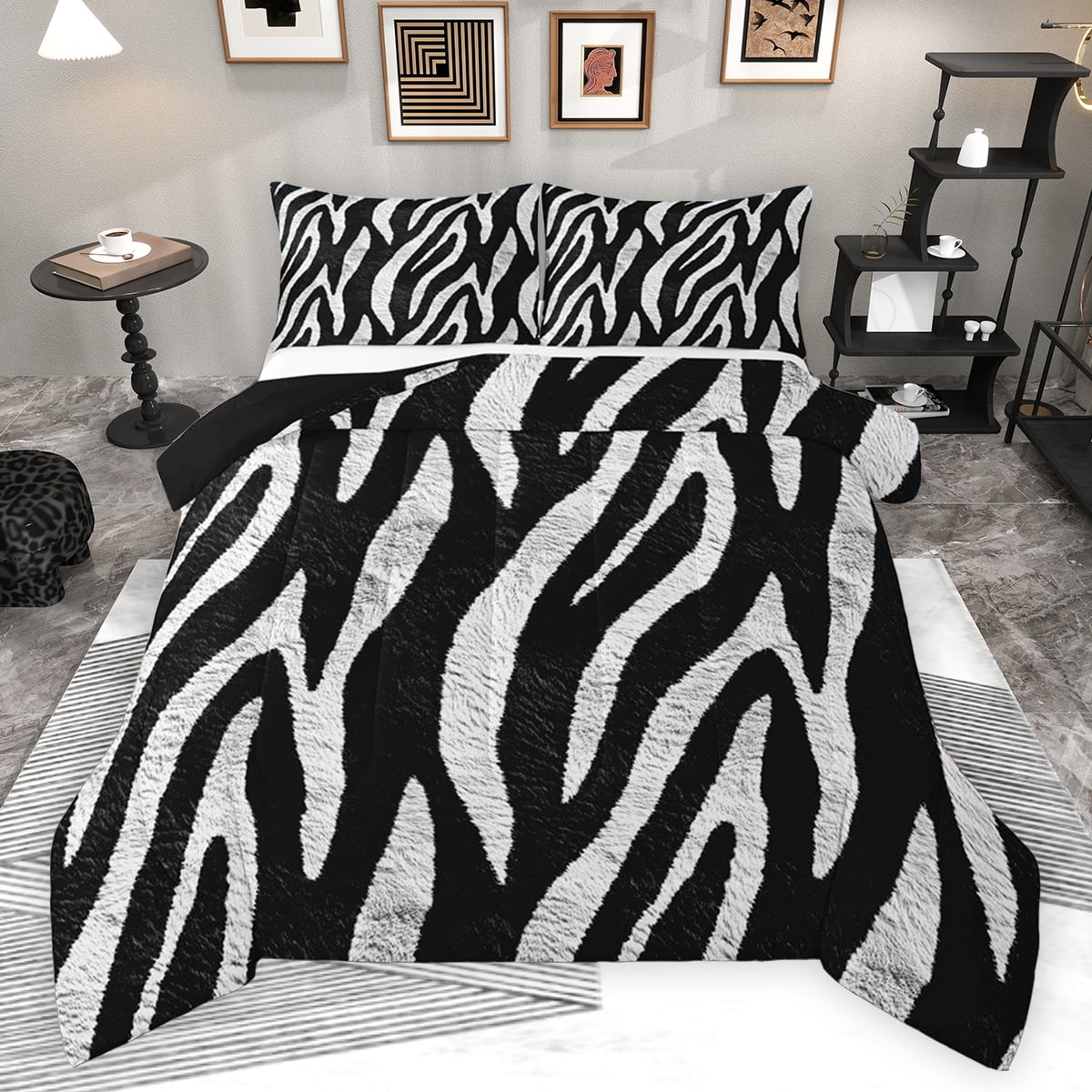 Feelyou Fashion Zebra Print Bedding Comforter Set, Black Grey Lines ...