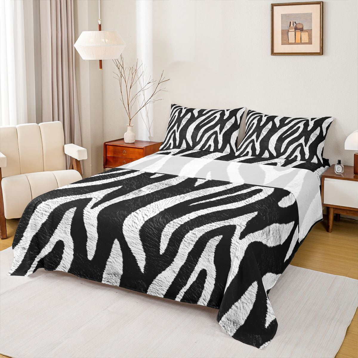 Feelyou Fashion Zebra Print Queen Sheet Sets, Black Grey Lines Abstract ...