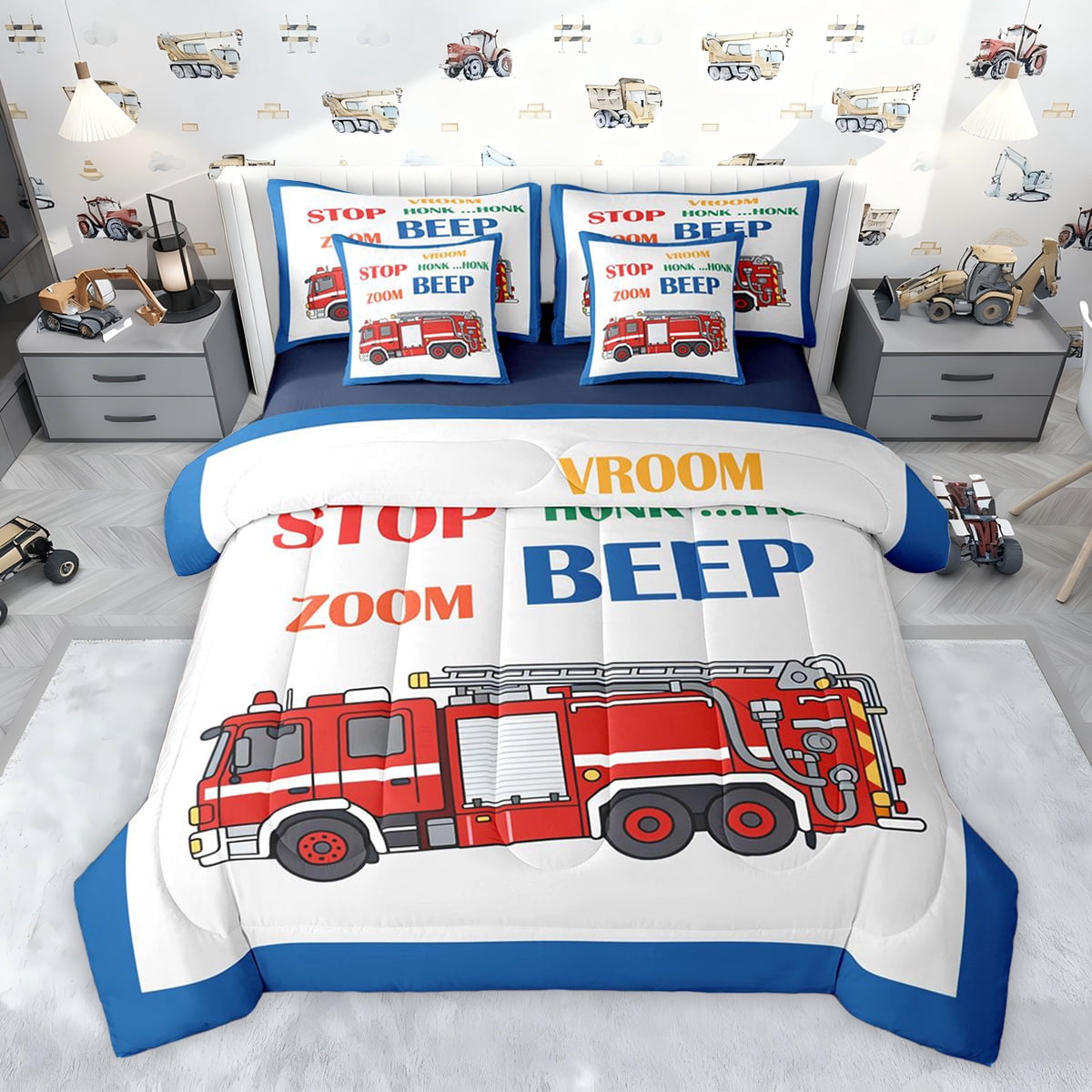 Feelyou Fire Fighting Truck Bedding Comforter Set 7pcs, Excavator King ...