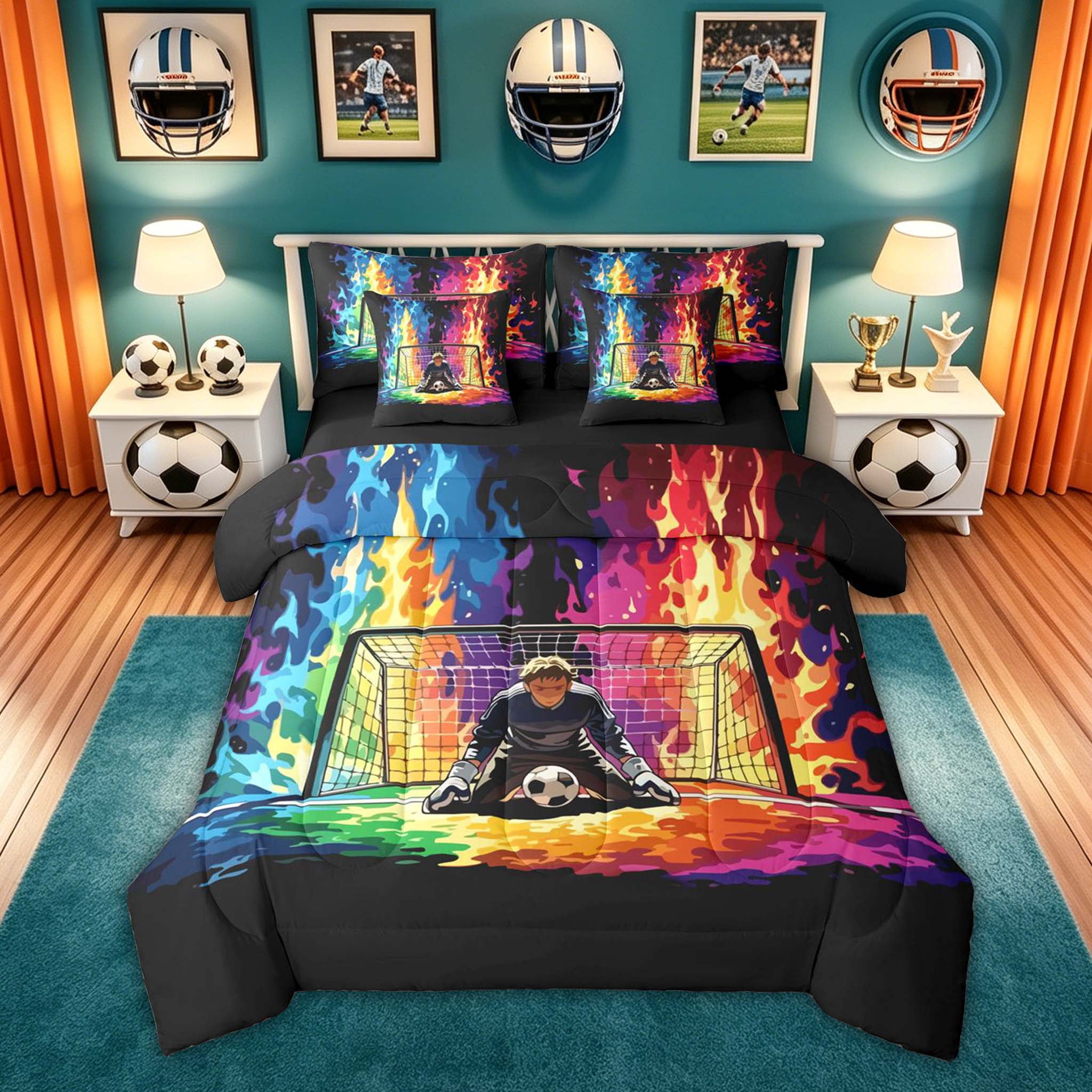 Feelyou Fire Goalkeeper Soccer Queen Bedding for Boys, Rainbow Flame ...