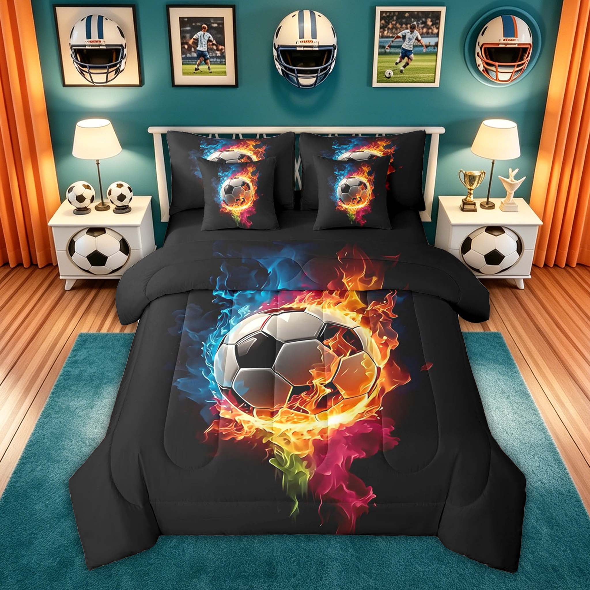 Feelyou Flame Soccer Ball Full Size Bedding Sets for Boys, Cool Fire ...