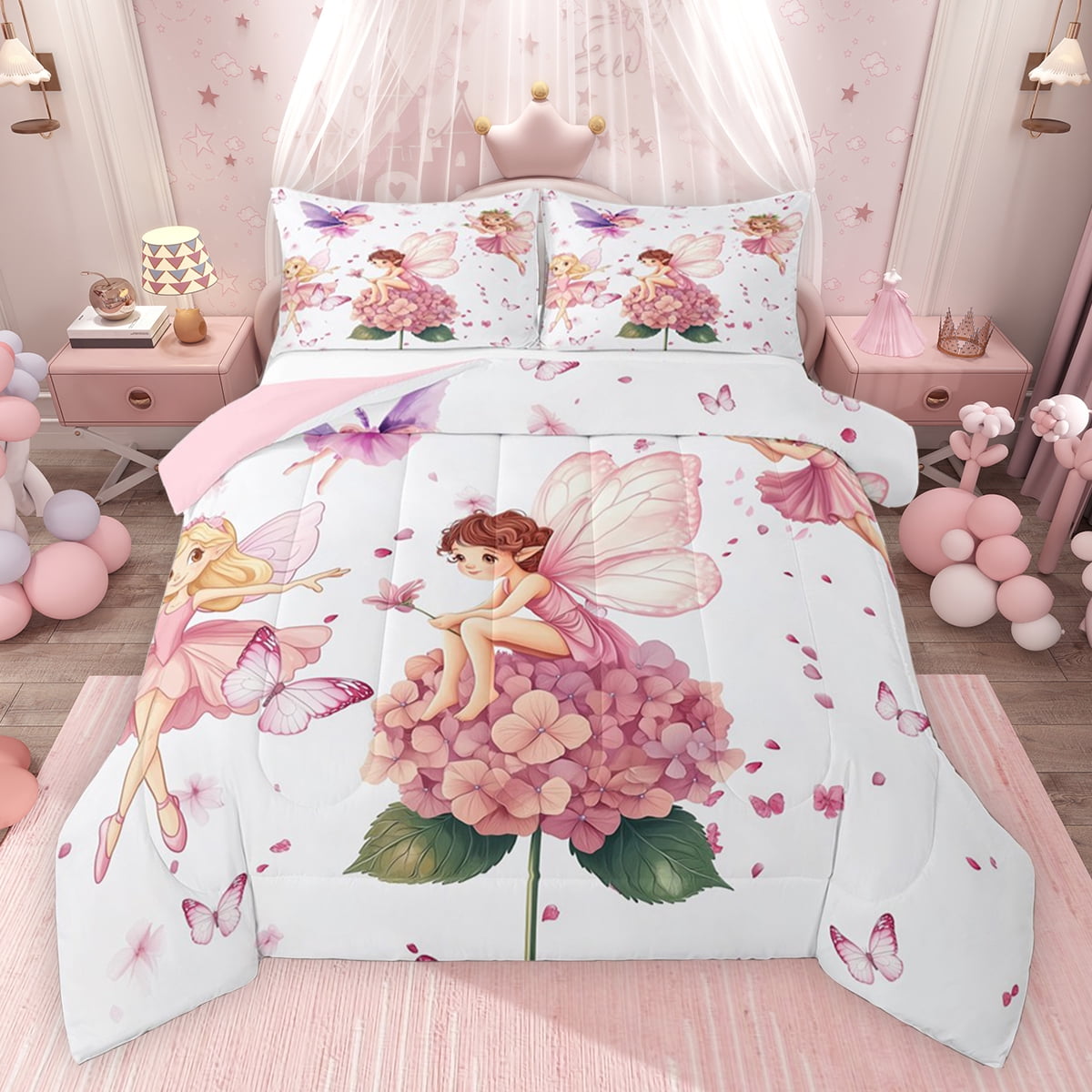 Feelyou Flower Elf Angel Bedding Comforter Set for Kids, Pink Flower ...