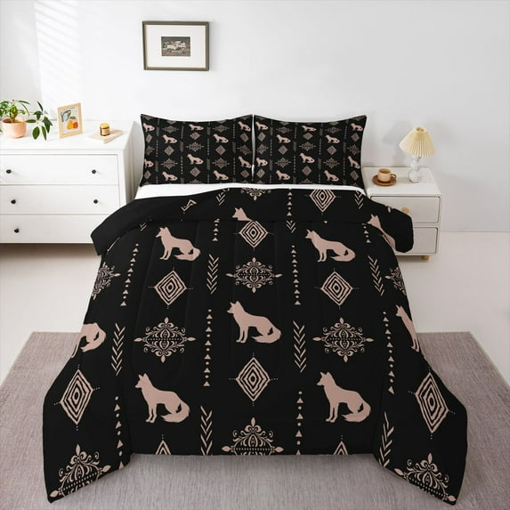 Feelyou Fox Animal Teen Queen Comforter Set, Black Boho Aztec Triangle ...