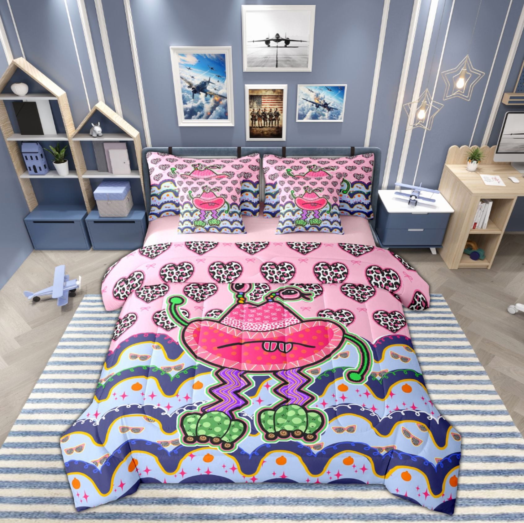 Feelyou Funny Cartoon Bedding Comforter Set 7 Pieces for Kids, Blue ...