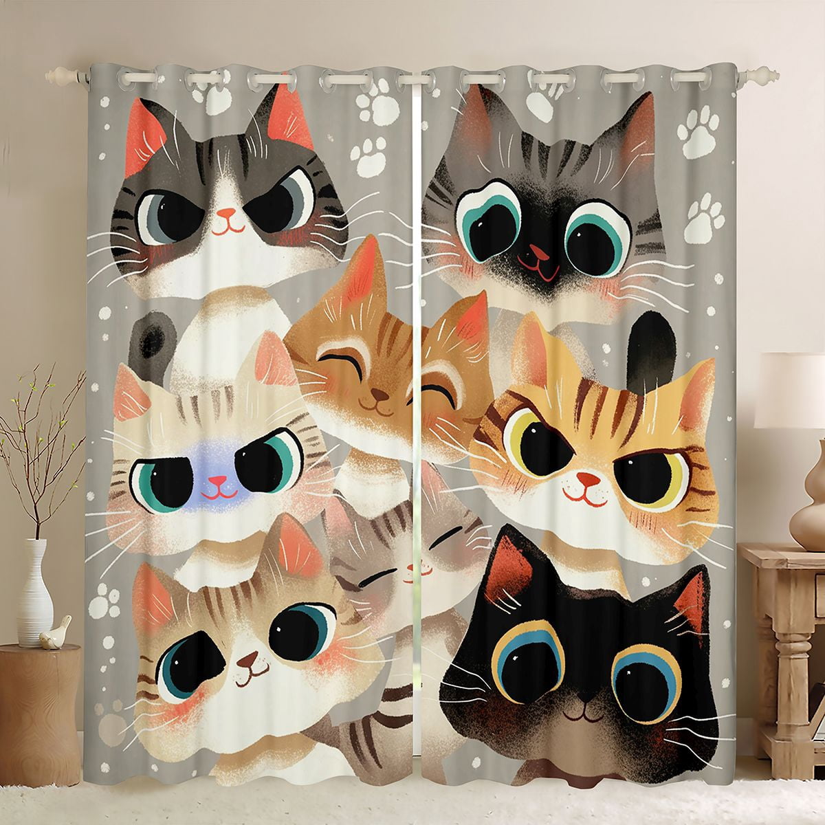 Feelyou Funny Cartoon Cat Curtains Pack of 2 (42x84 Each), Kawaii ...