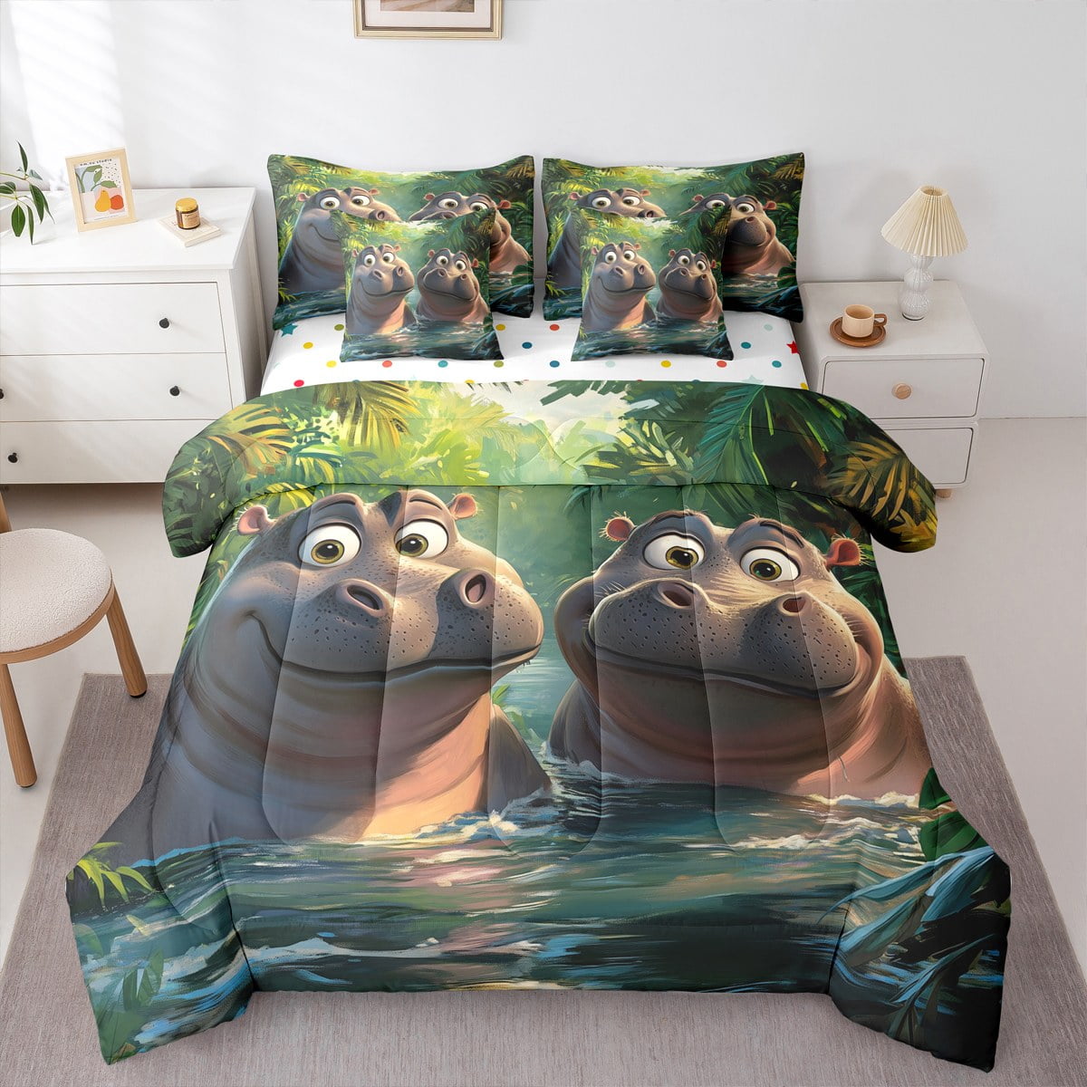 Feelyou Funny Cartoon Hippos Bedding Comforter Set 7pcs, Kawaii Tropic ...